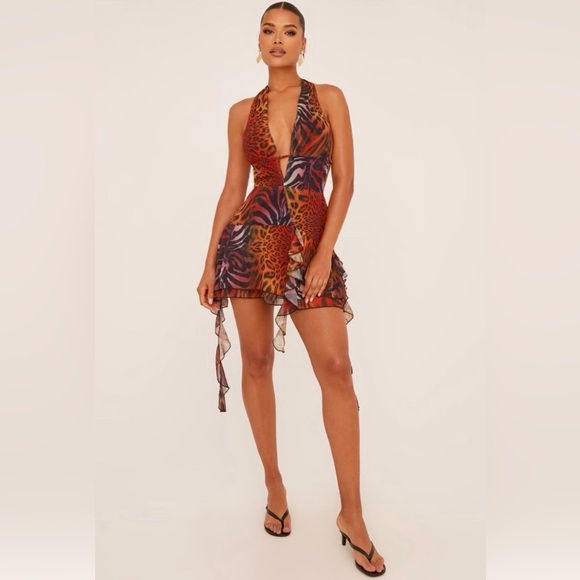 EGO | Dresses | Ego Plunge Halterneck Frill Side Mini Dress In Orange ...
